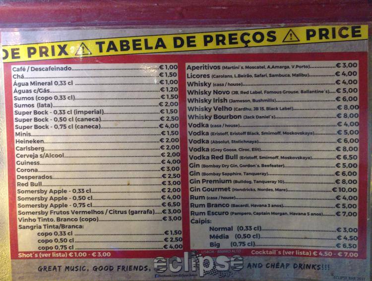 Menu at Eclipse Rock Bar, Lisbon, R. do Diário de Notícias 3
