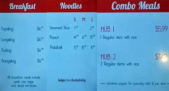 Menu at Pinoy Hub, Toronto