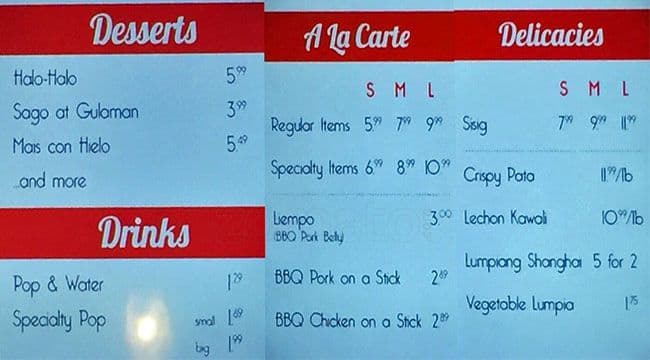 Menu at Pinoy Hub, Toronto