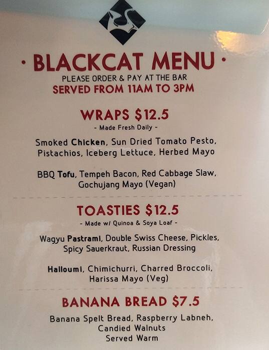 Menu at Blackcat Fitzroy pub & bar, Fitzroy, 252 Brunswick St