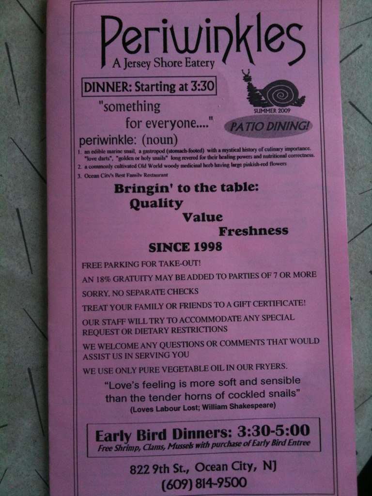 Menu at Periwinkles Restaurant, Ocean City