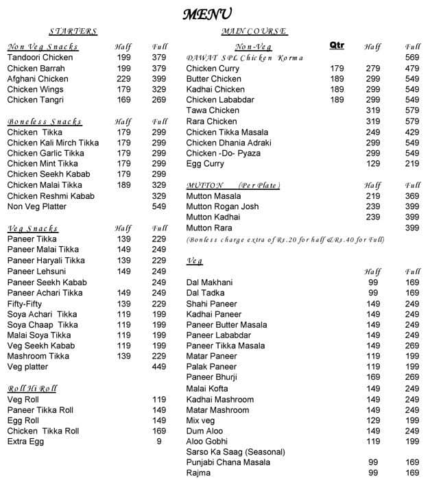Dawat Menu, Menu for Dawat, Sector 45, Gurgaon - Zomato