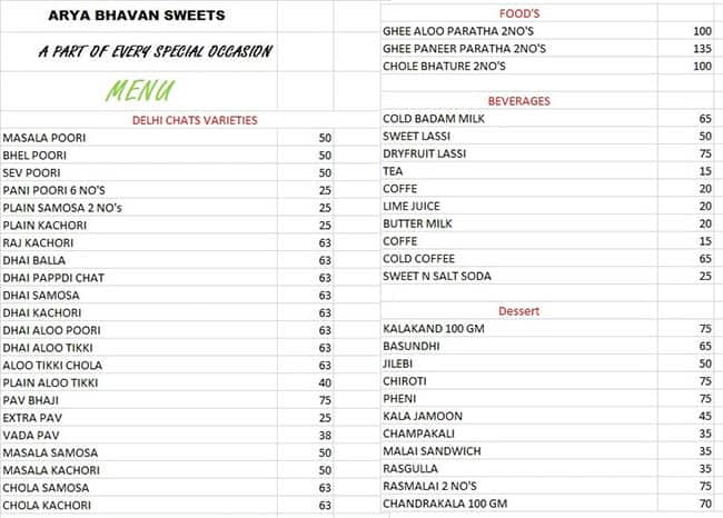 Menu of Arya Bhavan Sweets, Hebbal, Bangalore