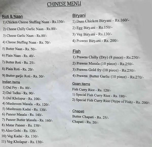 Menu of Lucas Bar & Restaurant, Margao, Goa