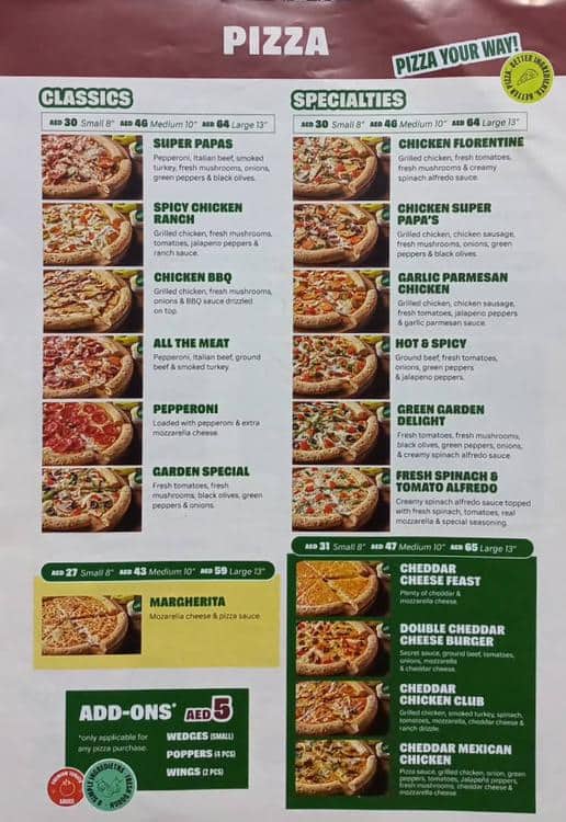 Papa John Pizza Menu