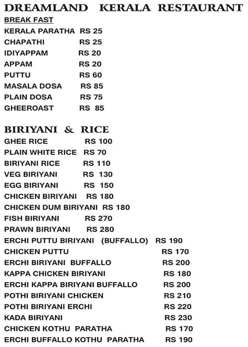 Menu of Dreamland Kerala Restaurant, Hennur, Bangalore