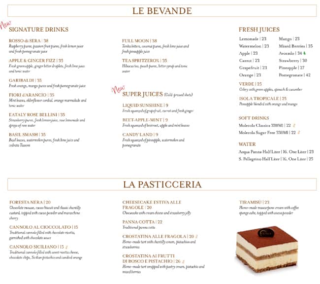 Menu at Eataly The Dubai Mall cafe, Dubai, Dubai Mall