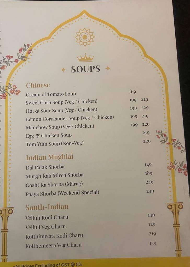 Menu of Nizami Darbar, Gachibowli, Hyderabad