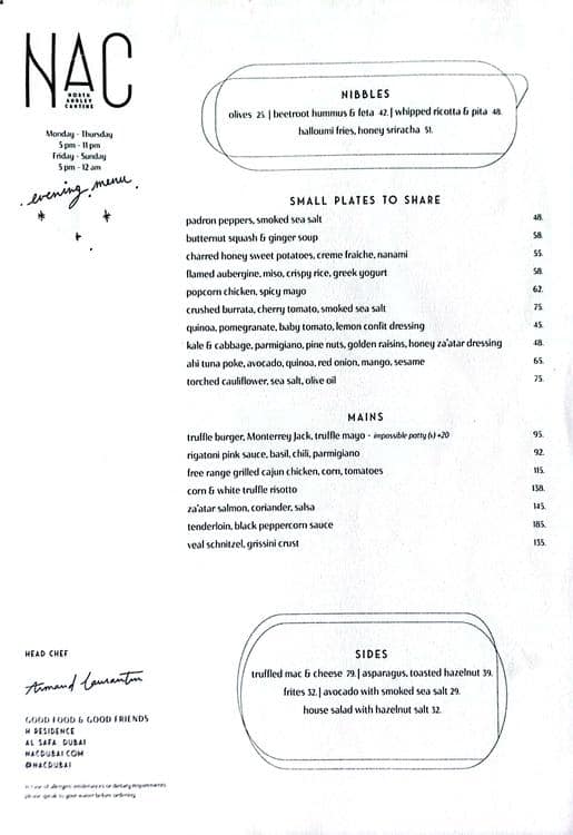 Menu of NAC, Al Safa, Dubai