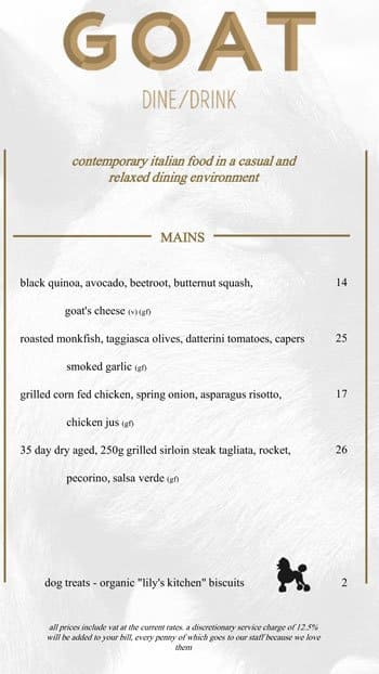 Menu at Goat pub & bar, London, 333 Fulham Road