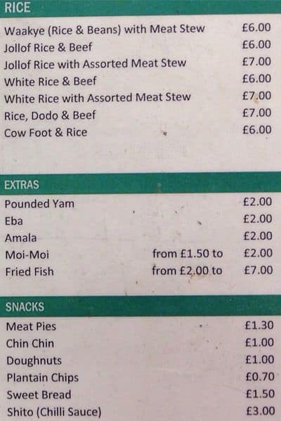 Menu at Agrobeso African Cuisine restaurant, London, 139 Peckham High St