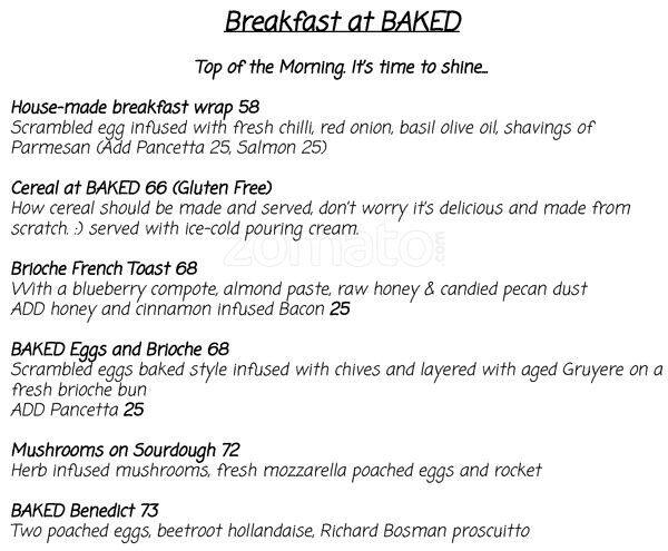 Menu at Baked cafe, Cape Town, 38 Victoria Rd