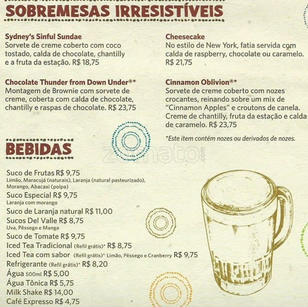 Menu em Outback Steakhouse, São Paulo, Av. Henry Ford