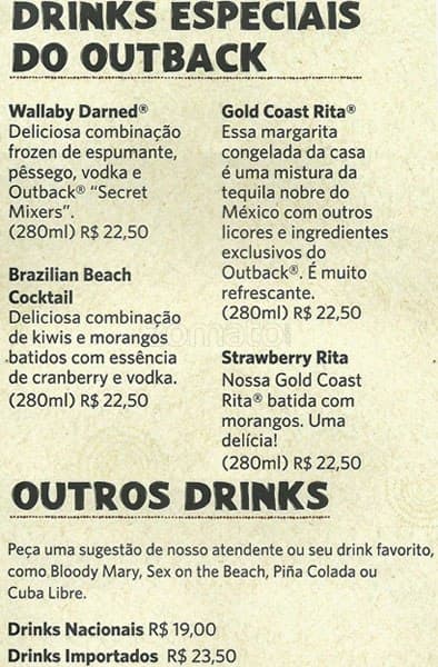 Menu em Outback Steakhouse, São Paulo, Av. Henry Ford