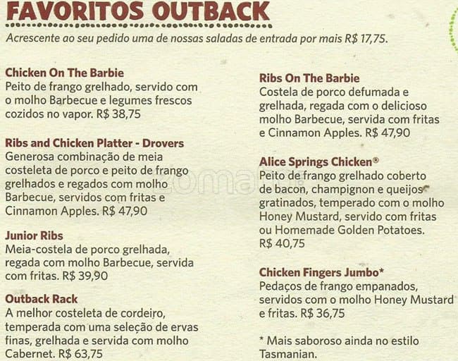 Menu at Outback Steakhouse, São Paulo, R. Cap. Pacheco e Chaves