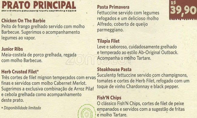 Menu em Outback Steakhouse, São Paulo, Av. Henry Ford