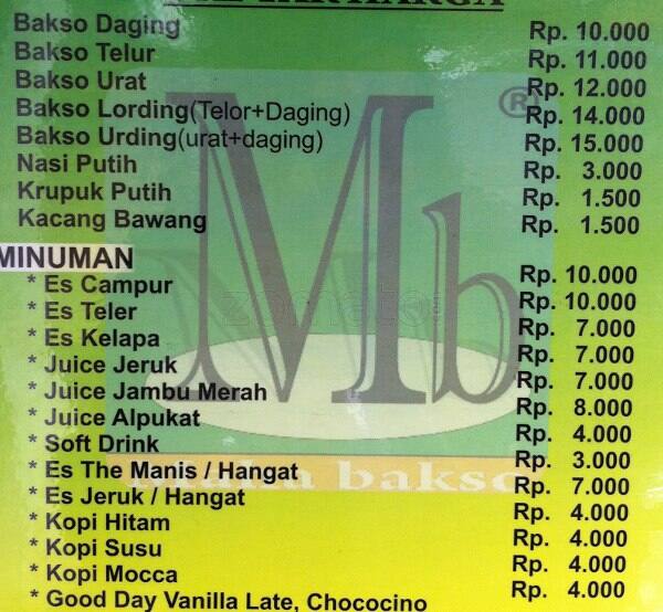Menu at Pondok Baso Pak Joko restaurant, Depok