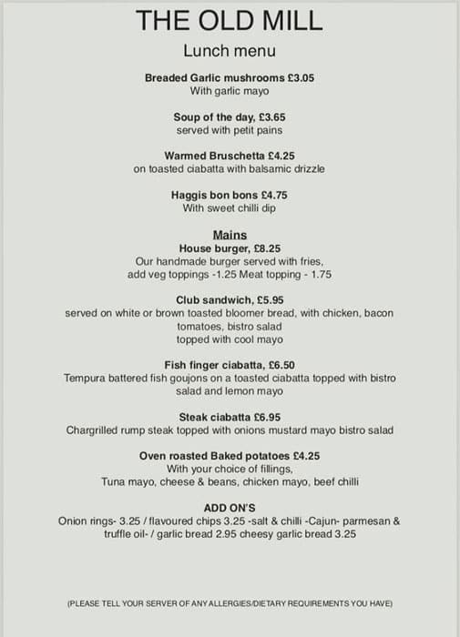 Menu at The old mill pub & bar, Penicuik