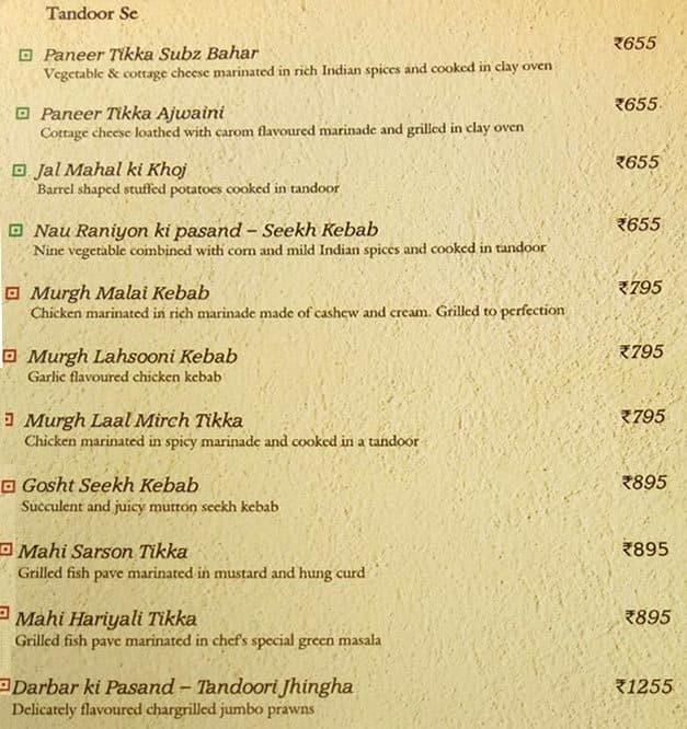 Menu at Once Upon A Time at Nahargarh, Jaipur