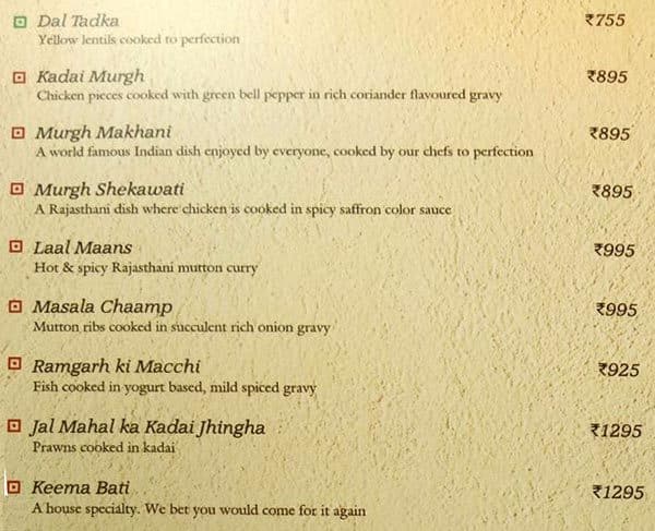 Menu at Once Upon A Time at Nahargarh, Jaipur