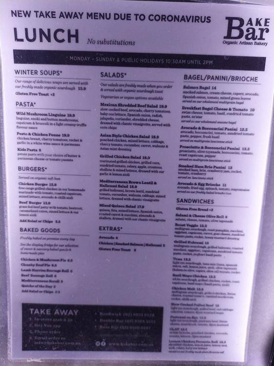 Menu at Bake Bar, Randwick