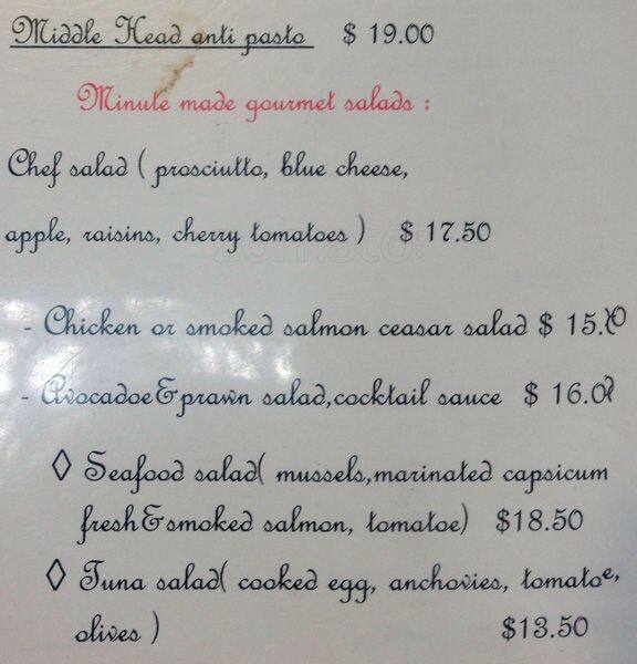 Menu at Middle Head Cafe, Mosman, Middle Head Rd