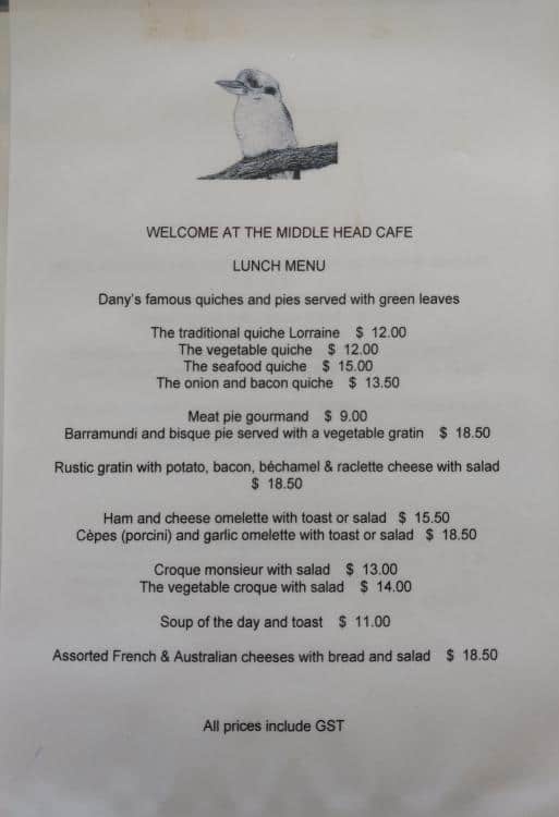 Menu at Middle Head Cafe, Mosman, Middle Head Rd