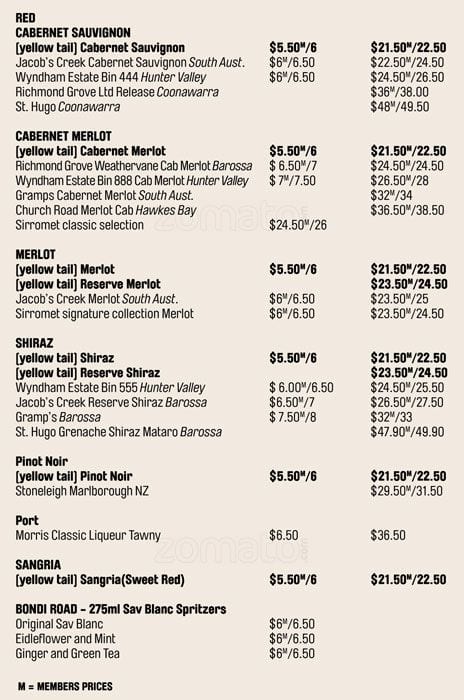 Menu at Burleigh Heads Mowbray Park SLSC restaurant, Burleigh Heads