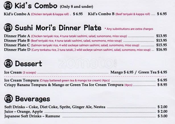 Menu at Sushi Mori restaurant, Langley Township, Willowbrook Dr #160