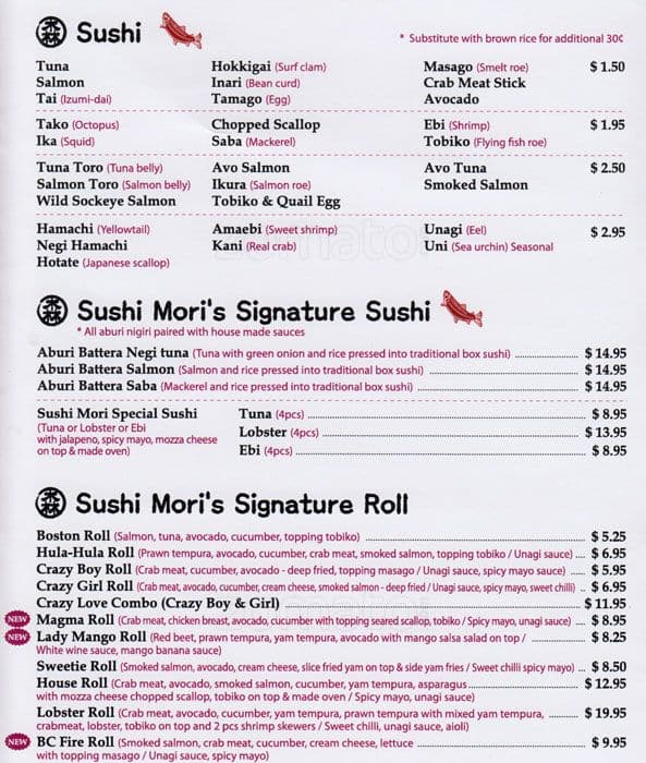 Menu at Sushi Mori restaurant, Langley Township, Willowbrook Dr #160