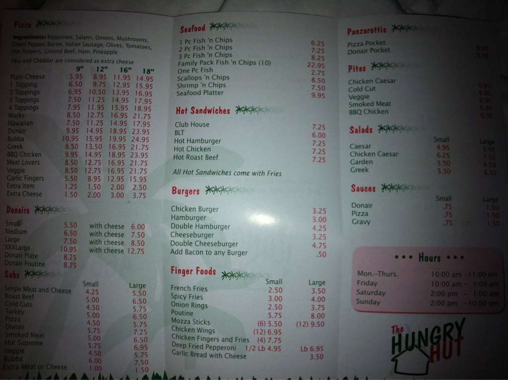 Menu at Hungry Hut pizzeria, Dartmouth