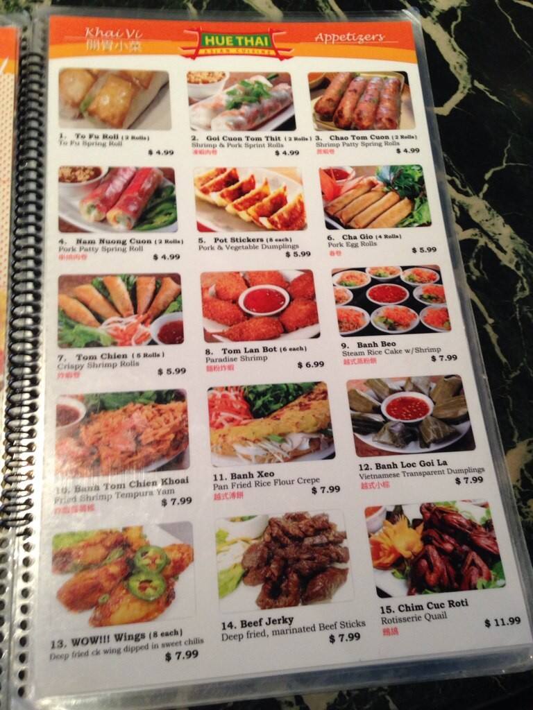 Menu at Hue Thai restaurant, Las Vegas, W Spring Mountain Rd #223