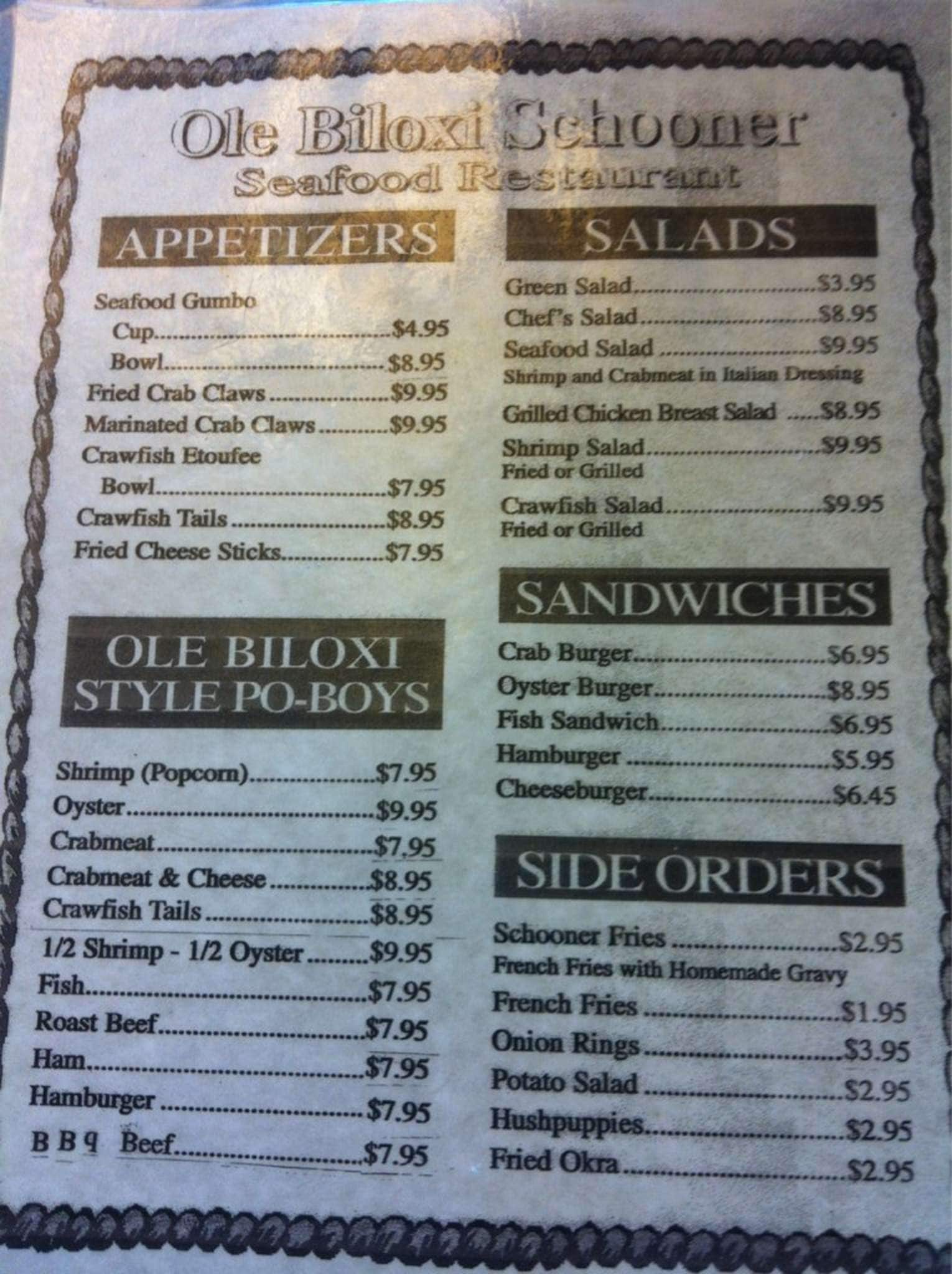 Menu at Ole Biloxi Schooner restaurant, Biloxi