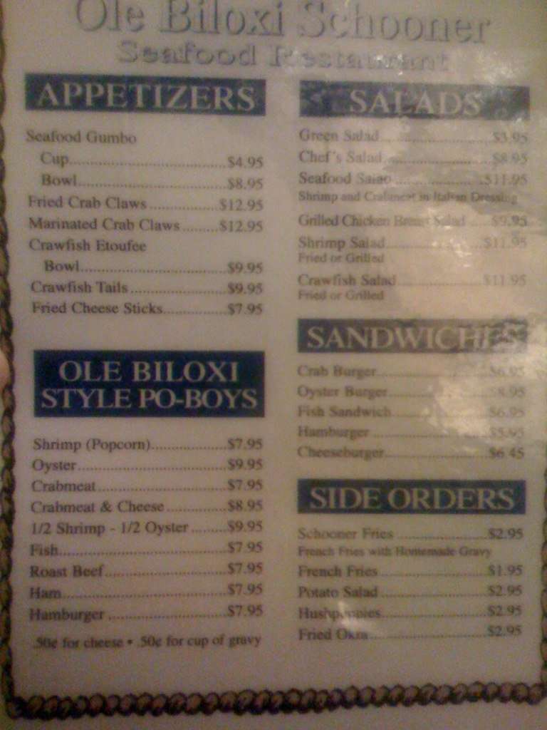 Menu at Ole Biloxi Schooner restaurant, Biloxi