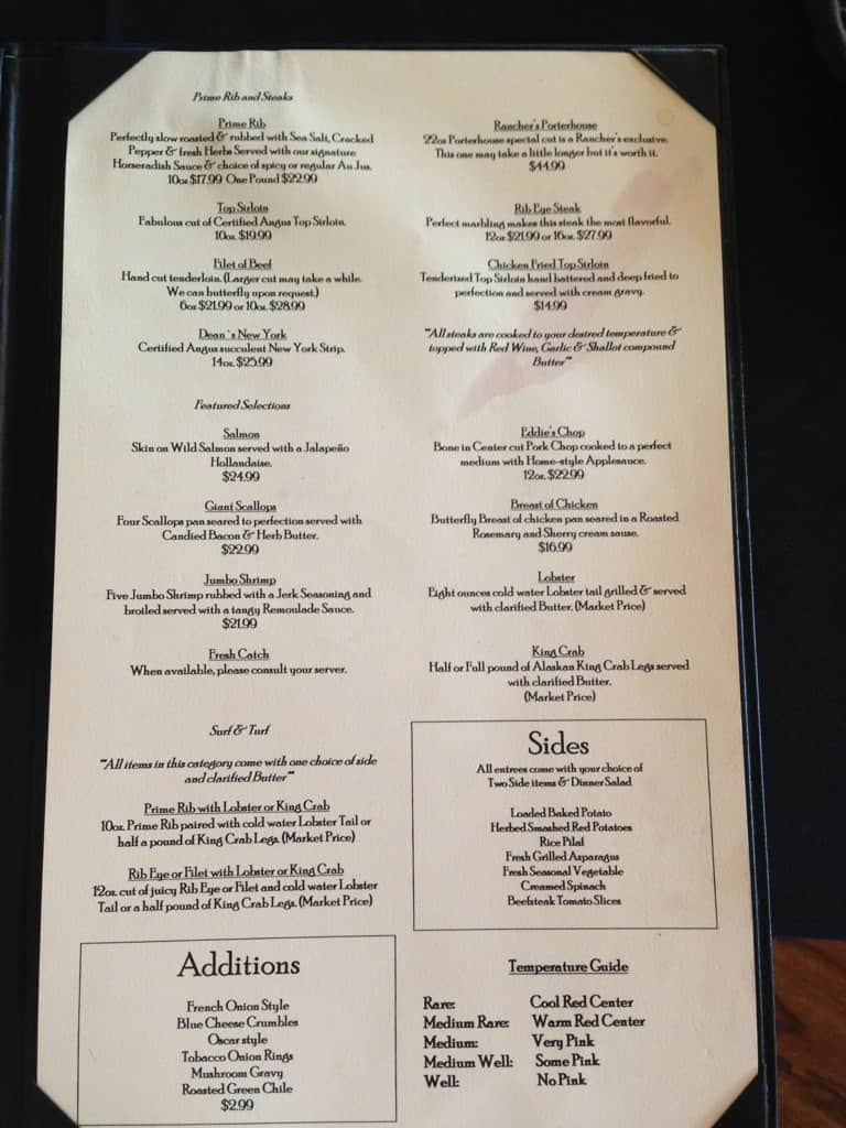 Menu at The Ranchers Steak and Seafood Restaraunt steakhouse, Ruidoso