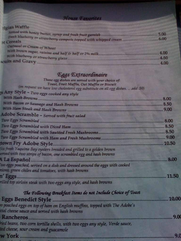 Menu at Adobe Resort Yachats OR restaurant, Yachats