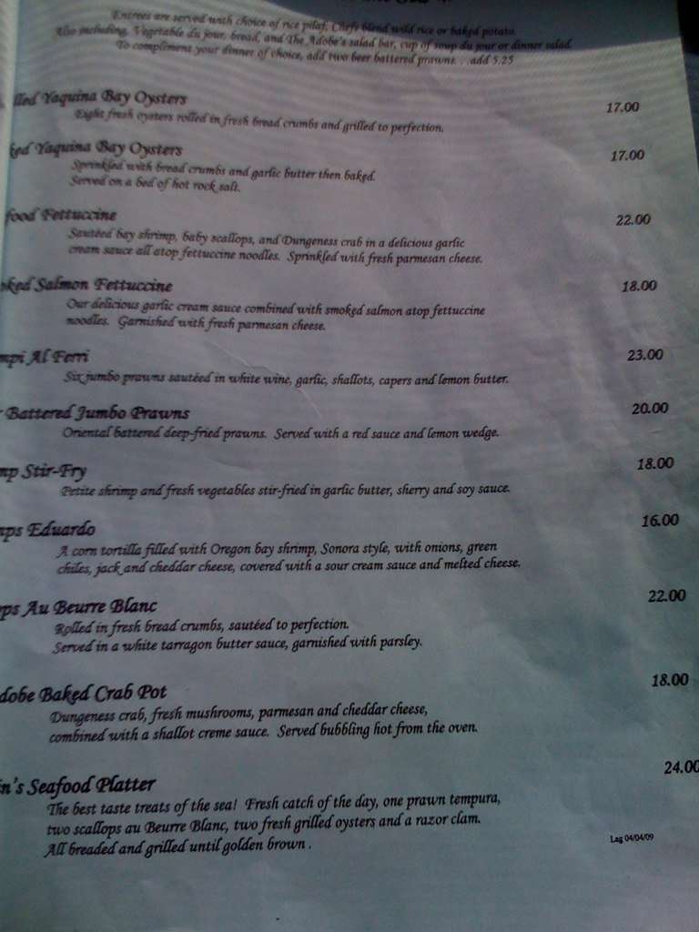 Menu at Adobe Resort Yachats OR restaurant, Yachats