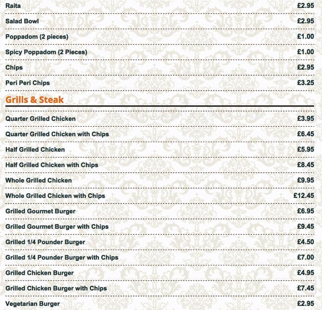 Menu at Amir's Restaurant, London, 57 Hallsville Rd