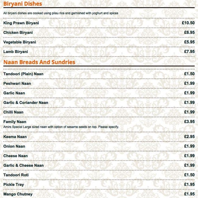 Menu at Amir's Restaurant, London, 57 Hallsville Rd