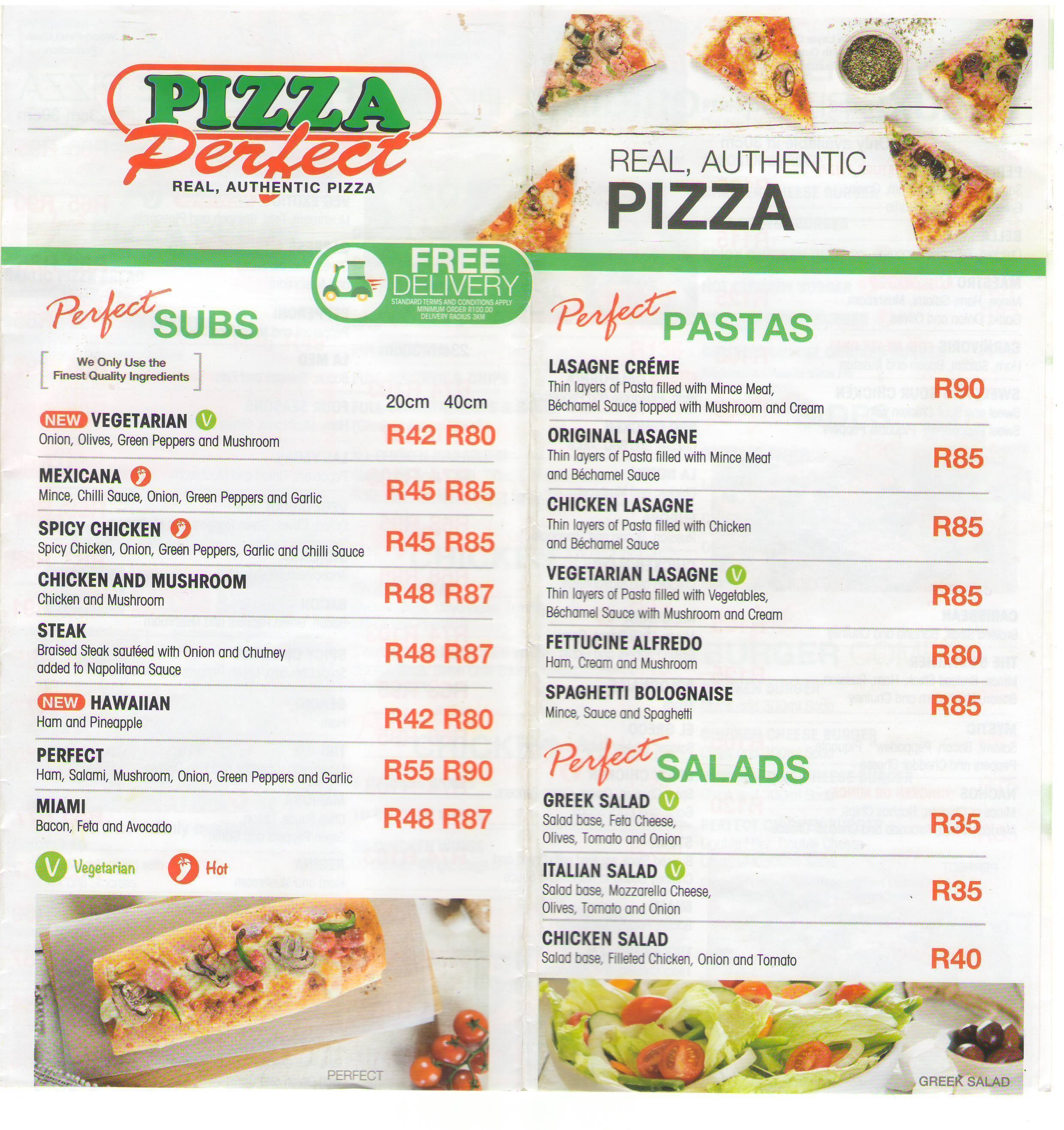 Carta de pizzería Pizza Perfect Cobble Walk, Ciudad del Cabo