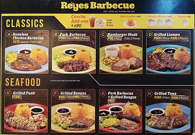 Reyes Barbecue Menu, Menu for Reyes Barbecue, Ugong, Pasig City ...
