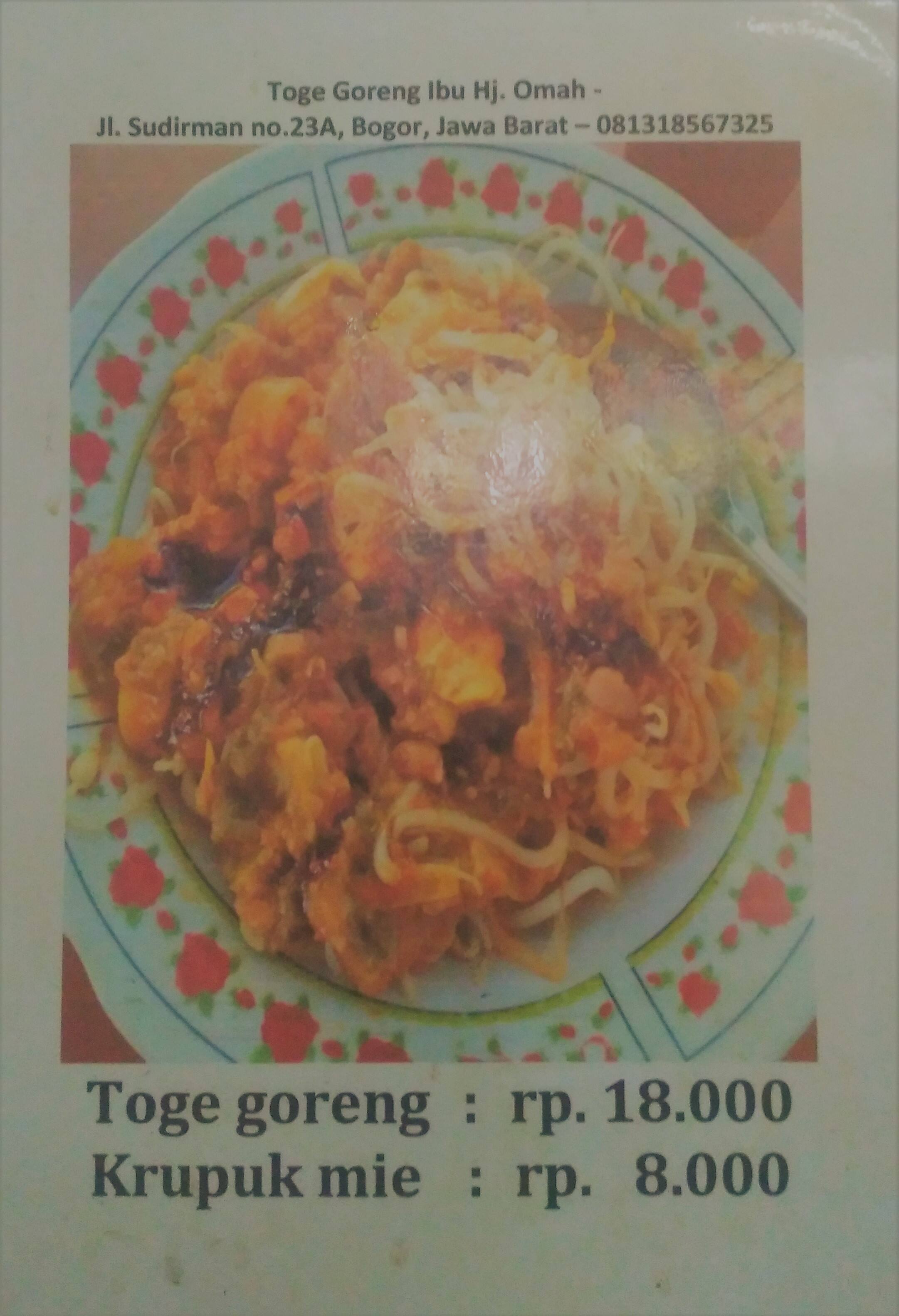Menu at Toge Goreng Ibu Hj. Omah restaurant, Bogor