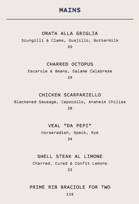 Menu at Don Angie restaurant, New York City