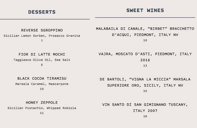 Menu at Don Angie restaurant, New York City