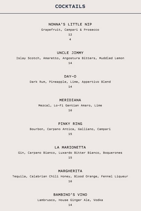 Menu at Don Angie restaurant, New York City