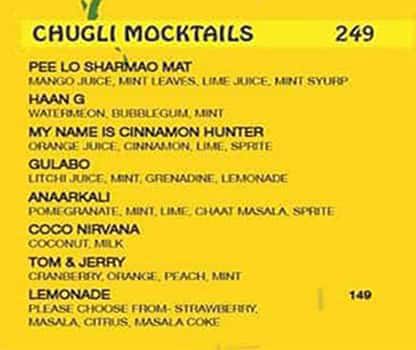 Menu at Chugli, Panchkula