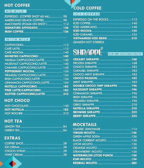 Menu of Nothing Before Coffee, Gurukul, Ahmedabad