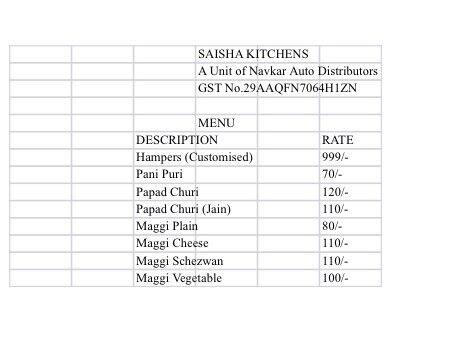 Menu of Shaisha Foods, Magadi Road, Bangalore
