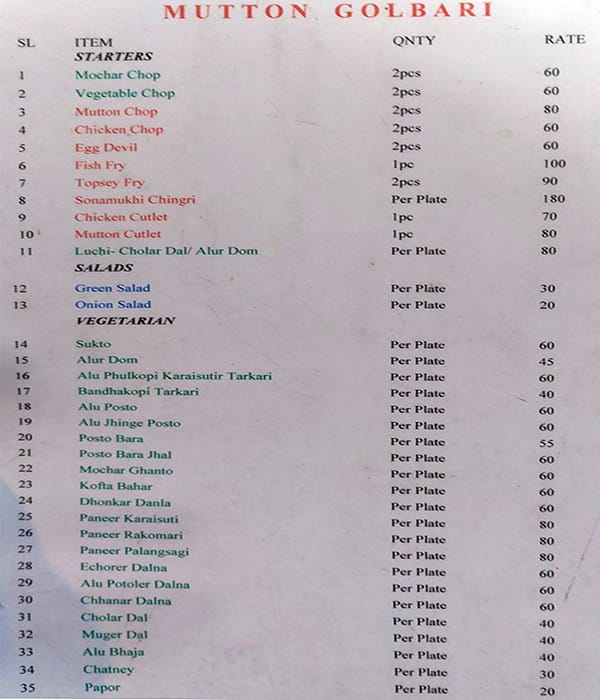 Menu of Mutton Golbari, New Town, Kolkata