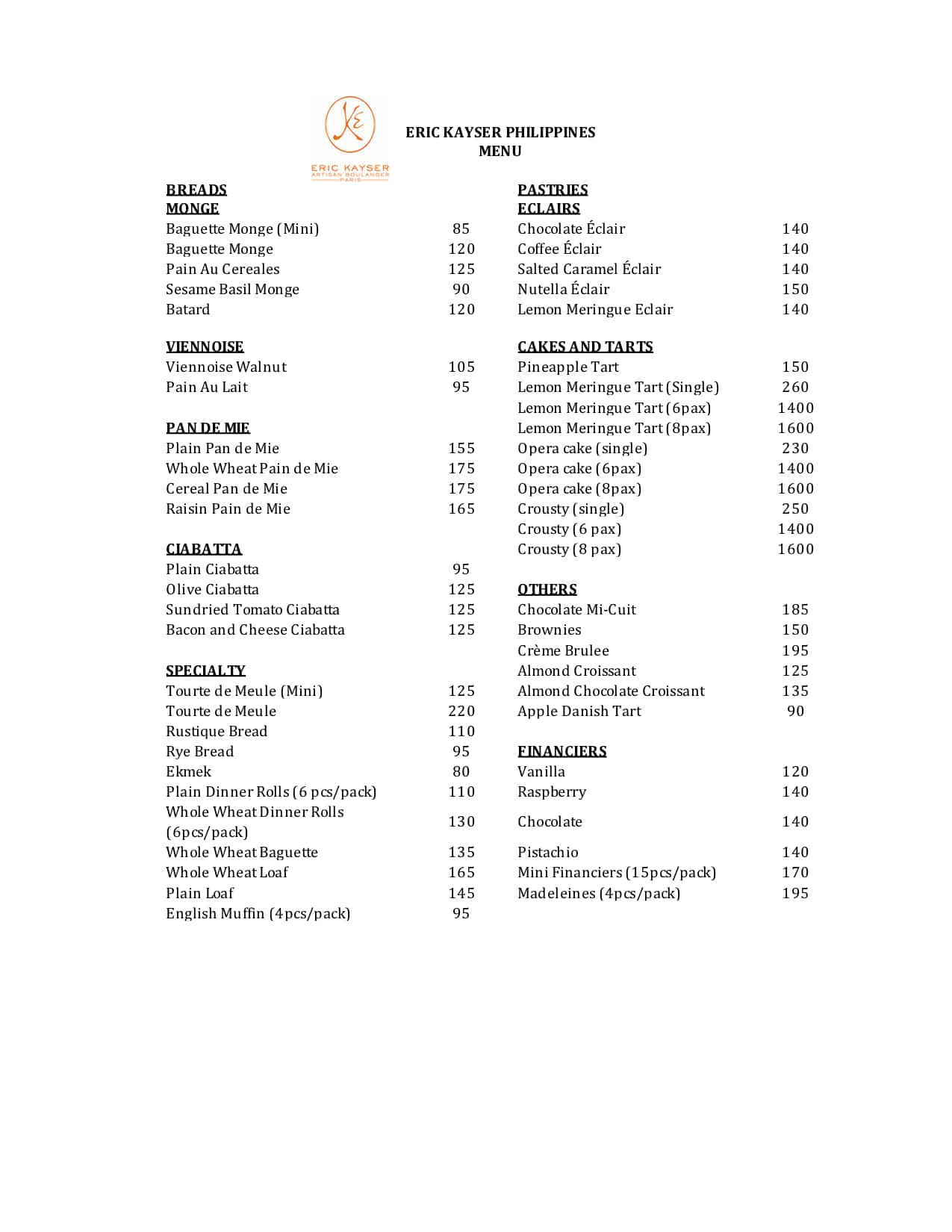 Eric Kayser Menu, Menu for Eric Kayser, Bonifacio Global City, Taguig ...